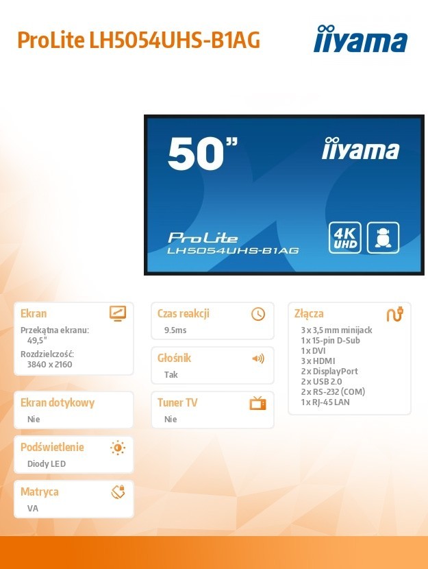 IIYAMA Monitor 50 cali LH5054UHS-B1AG 24/7, VA, ANDROID.11, 4K, SDM ...