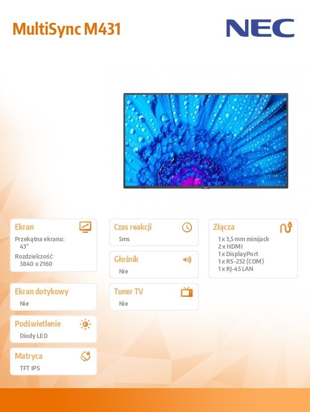 NEC Monitor wielkoformatowy 43 cale MultiSync M431 UHD 500cd/m2 24/7 - dlaDruku.pl