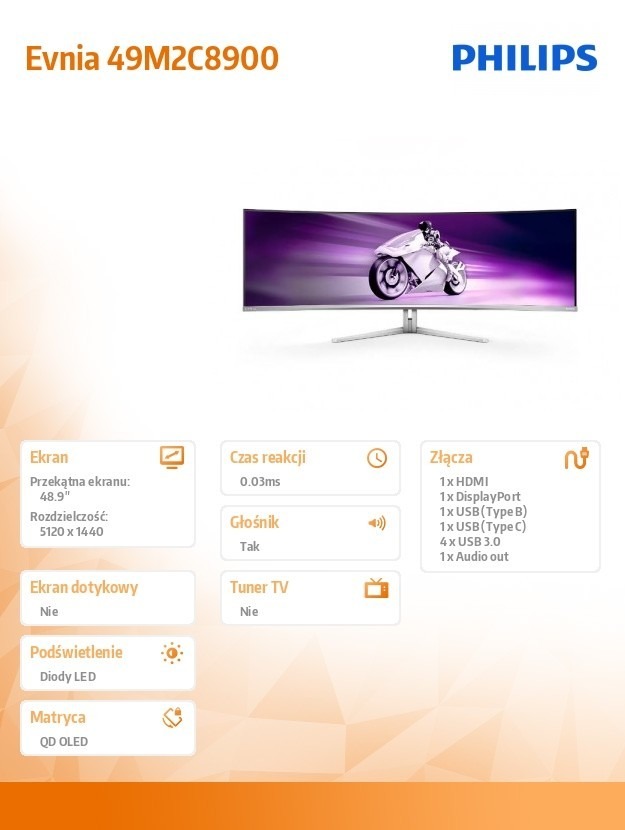 Philips Monitor Evnia 49M2C8900 49 cali Curved QD OLED 240Hz HDMI DP ...