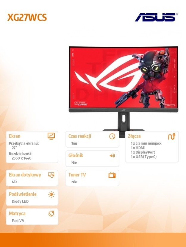 Asus Monitor 27 cali XG27WCS DP+HDMI+TYPE C - dlaDruku.pl