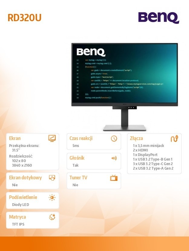 Benq Monitor 31.5 cala RD320U 4K LED 5ms/60Hz/IPS - dlaDruku.pl